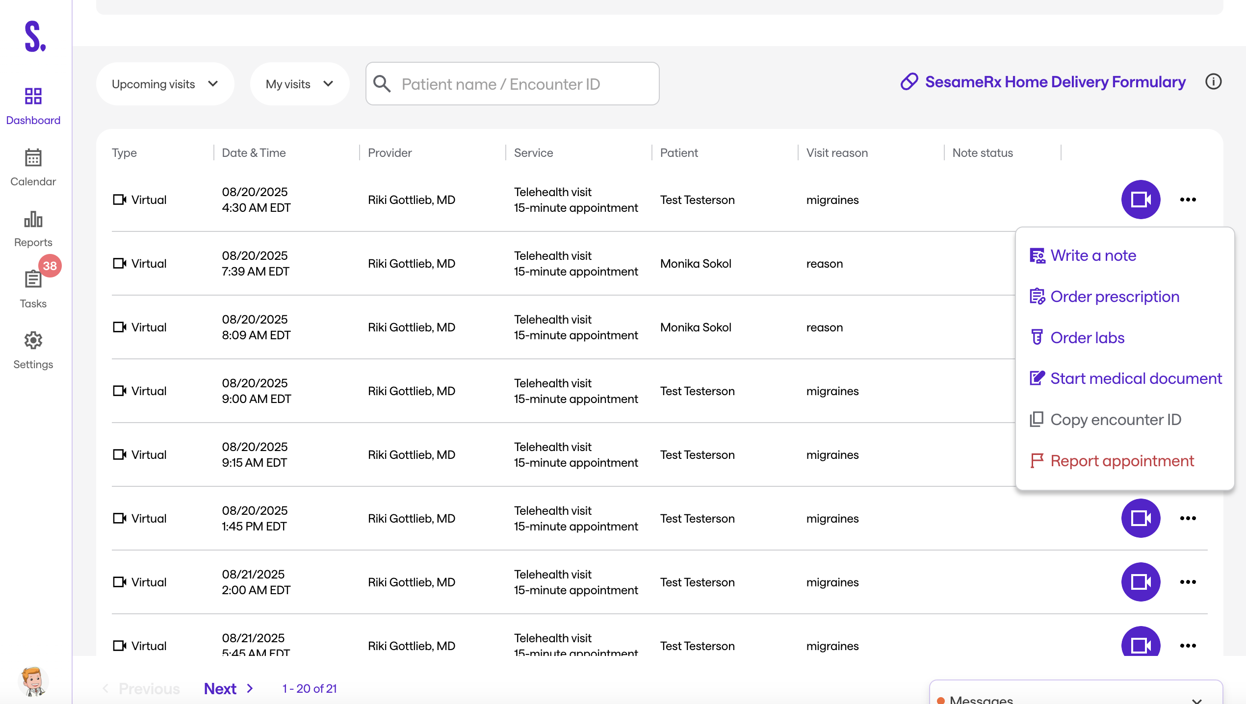 Dashboard – Sesame Clinician Support